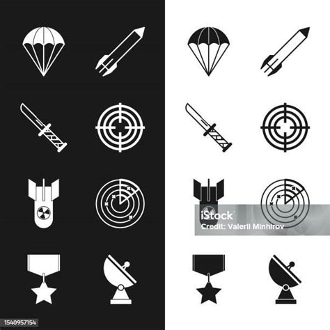 목표 스포츠 군용 칼 낙하산 로켓 핵폭탄 표적이 있는 레이더 및 보상 메달 아이콘을 설정합니다 벡터 건강관리와 의술에 대한 스톡 벡터 아트 및 기타 이미지 Istock