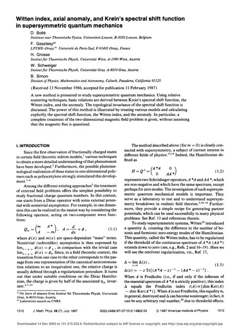 Pdf Witten Index Axial Anomaly And Kreins Spectral Shift Function In Supersymmetric Quantum