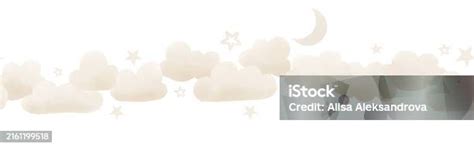 파스텔 베이지 색상의 구름과 별이 있는 아기 테두리 소녀 또는 소년 보육원 벽 예술 또는 유치한 인사말 카드 또는 휴일 초대장을
