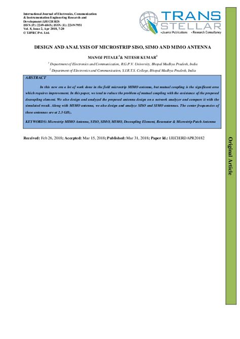 pdf design and analysis of microstrip siso simo and mimo antenna