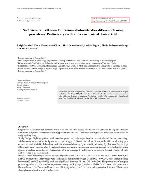 Pdf Soft Tissue Cell Adhesion To Titanium Abutments After Different Cleaning Procedures