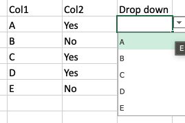 Show Col1 Values As A List Of Values Whose Col2 Value Is Yes In Excel