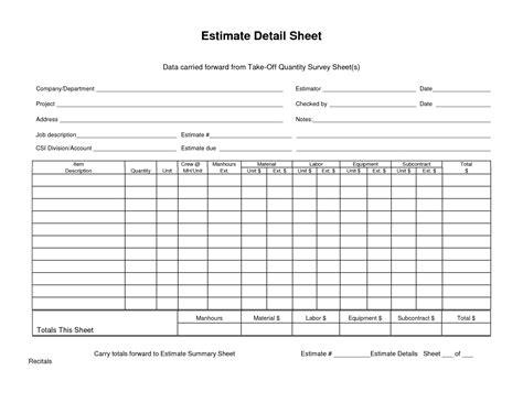 Estimate Detail Sheet