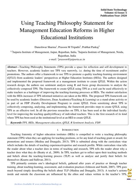 Pdf Using Teaching Philosophy Statement For Management Education Reforms In Higher Educational
