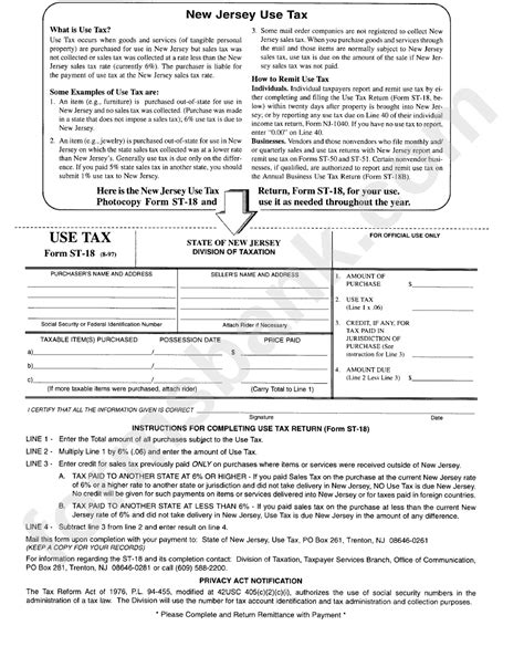 Fillable Form St 18 Use Tax Form New Jersey Division Of Taxation