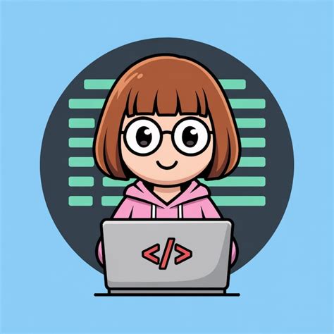 Cartoon Girl With Glasses Coding On A Laptop In Front Of A Coding Background On A Blue