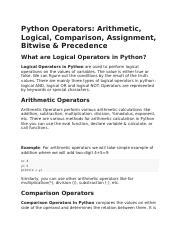 3 Python Operators.docx - Python Operators: Arithmetic Logical Comparison Assignment Bitwise ...