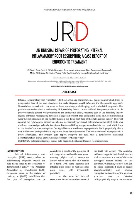 Pdf An Unusual Repair Of Perforating Internal Inflammatory Root Resorption A Case Report Of