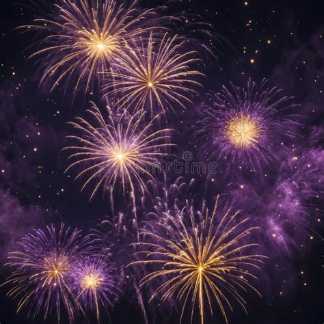 Golden And Violet Fireworks Light Up The Night Sky On New Year S Eve Stock Illustration