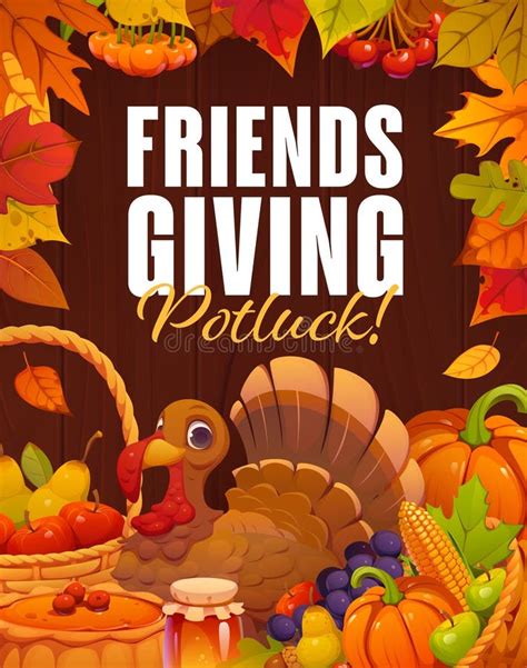 Póster De Friendsgiving Pavo Cesta De Frutas Hojas Ilustración Del