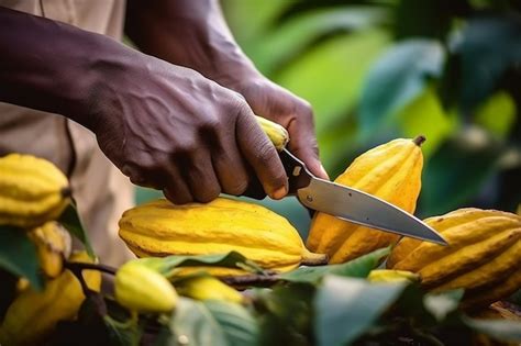 Premium AI Image Closeup Hands Of A Cocoa Farmer Use Pruning Shears To Cut The Yellow Cacao