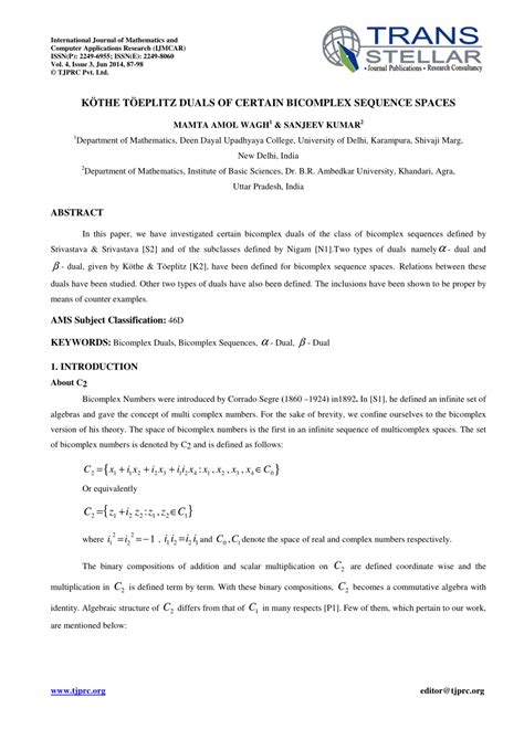 Pdf KÖthe TÖeplitz Duals Of Certain Bicomplex Sequence Spaces