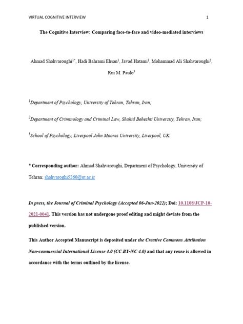 The Cognitive Interview Comparing Face To Face And Video Mediated
