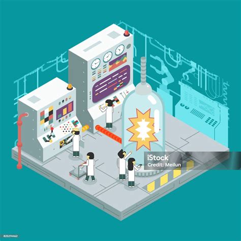 아이소메트릭 과학 실험실 실험 경험 과학자 작업 컨트롤 패널 분석 생산 개발 연구 기술 비즈니스 평면 디자인 컨셉 일러스트