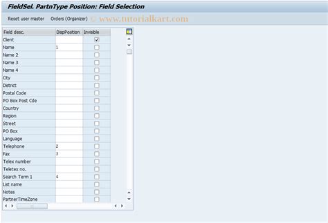 OIR SAP Tcode FieldSel PartnType Position Transaction Code