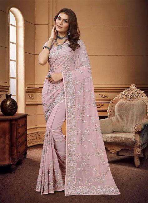 Buy Dusty Pink Georgette Embroidered Saree Party Wear Online At Best