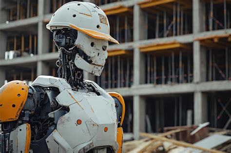 Premium Photo A Humanoid Robot In Worker Clothing At A Construction Site Surrounded By