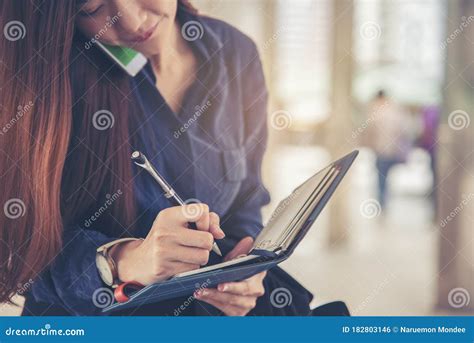 Planner Write Meeting Agenda At Calendar Stock Photo Image Of Event Concept