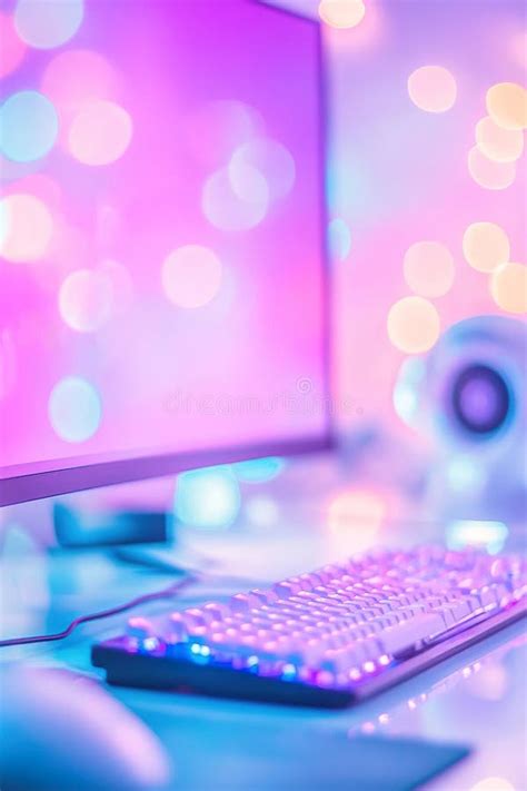 Vibrant Neon Computer Setup With Rgb Keyboard And Blurred Bokeh Lights