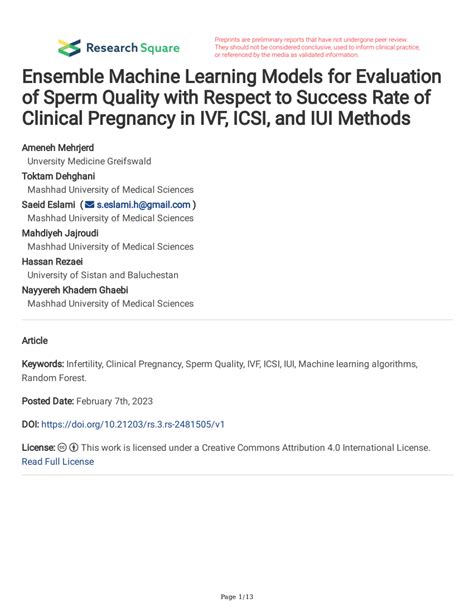 Pdf Ensemble Machine Learning Models For Evaluation Of Sperm Quality With Respect To Success