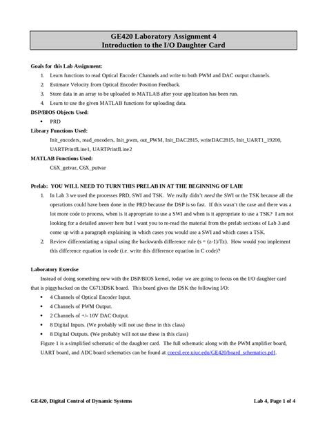 Laboratory Assignment 4 On Digital Control Systems Ge 420 Docsity