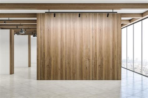 현대적인 콘크리트 및 나무 빈 인테리어는 기둥과 벽에 모형 포스터가 있습니다 갤러리 및 전시 컨셉 3d 렌더링 프리미엄 사진