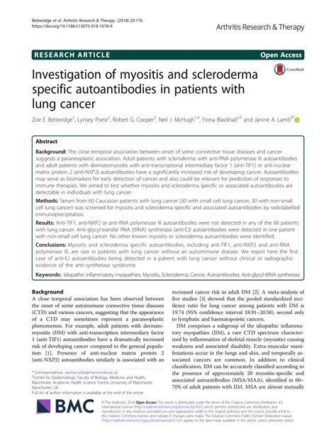 Pdf Investigation Of Myositis And Scleroderma Specific Autoantibodies In Patients With Lung Cancer