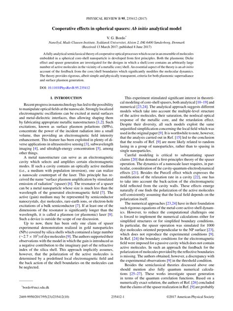 Pdf Cooperative Effects In Spherical Spasers Ab Initio Analytical Model