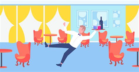 트레이 와인 잔으로 떨어지는 웨이터 우아한 남자 서비스 직원 고장 사고 개념 현대 레스토랑 인테리어 평면 수평 전체 길이 레스토랑에 대한 스톡 벡터 아트 및 기타 이미지