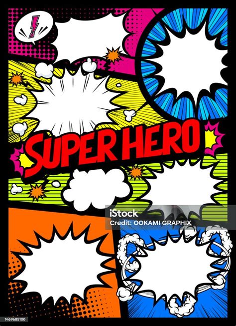 슈퍼 히어로 추상적인 배경에 만화책 스타일의 단어 벡터 삽화 레트로 팝 아트 만화책 잡지 연설 거품 풍선 상자 메시지 슈퍼 히어로 3차원 형태에 대한 스톡 벡터 아트 및