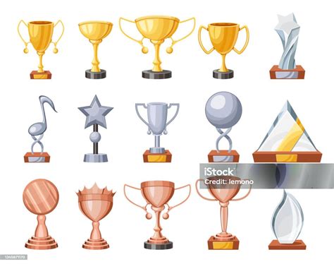 트로피 컵 세트 브론즈 실버 골든 및 유리 우승자 고블트 1위 축하 챔피언 상 요소 도전에 대한 스톡 벡터 아트 및 기타 이미지