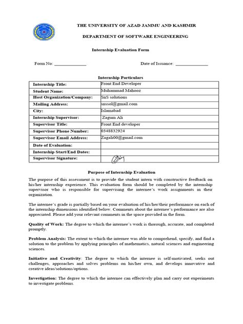 Internship Evaluation Form Zahid Pdf Engineering Sustainability