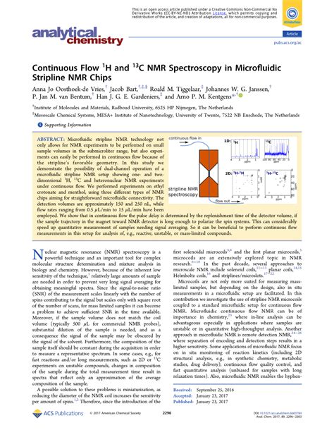 PDF Continuous Flow H And C NMR Spectroscopy In Microfluidic Stripline NMR Chips
