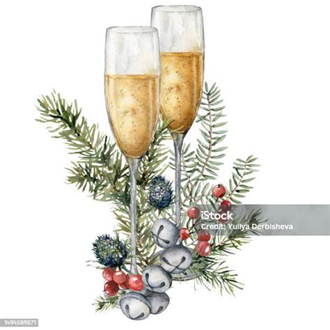 와인 잔 징글 벨 및 전나무 가지의 수채화 크리스마스 구성 하얀 배경에 분리된 하얀 와인을 손으로 그렸다 디자인 인쇄 직물 또는 배경에 대한 휴일 그림입니다 크리스마스에