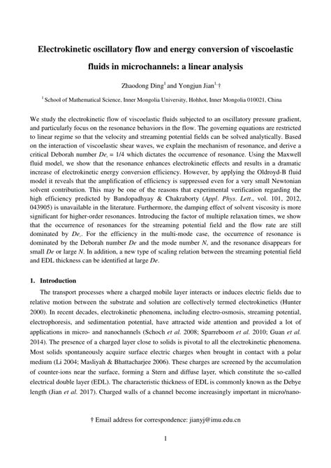 Pdf Electrokinetic Oscillatory Flow And Energy Conversion Of Viscoelastic Fluids In