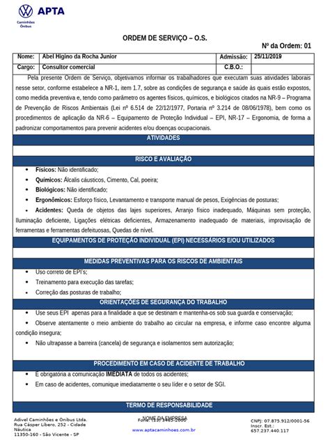 Ordem De Serviço Nº 01 Segurança Do Trabalho Pdf Segurança