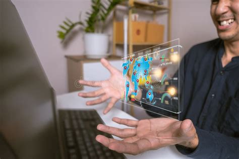 Asian Man Hold Ui Interface Web Map App Cloud Online To Laptop So Finger Touch Online Connect