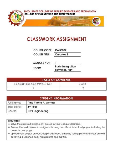 Classwrok Assignment 1 Module 1 Part 1 Calculus 2 Trina Yvette