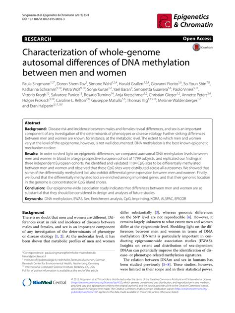 Pdf Characterization Of Whole Genome Autosomal Differences Of Dna Methylation Between Men And