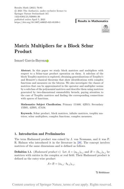 Matrix Multipliers For A Block Schur Product Request Pdf