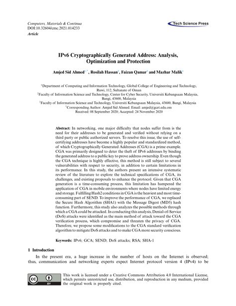 Pdf Ipv6 Cryptographically Generated Address Analysis Optimization And Protection