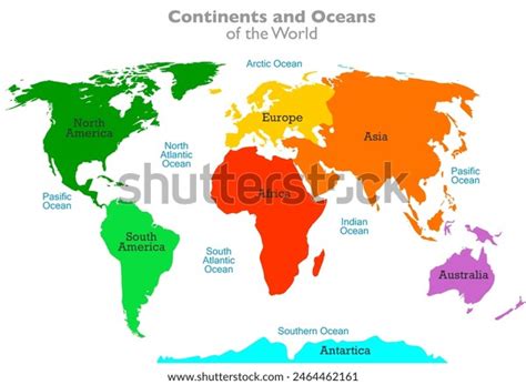 Continents Oceans Colored World Map North Stock Vector Royalty Free