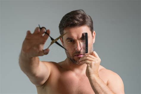 Mens Hairstyle Haircut Middle Aged Man With Scissors Cut Hair Mens Haircare Beauty Barber
