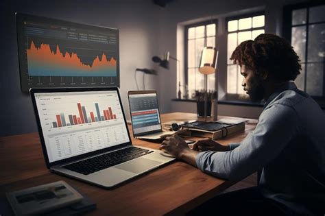 premium ai image a man sits at a desk with a laptop and a graph