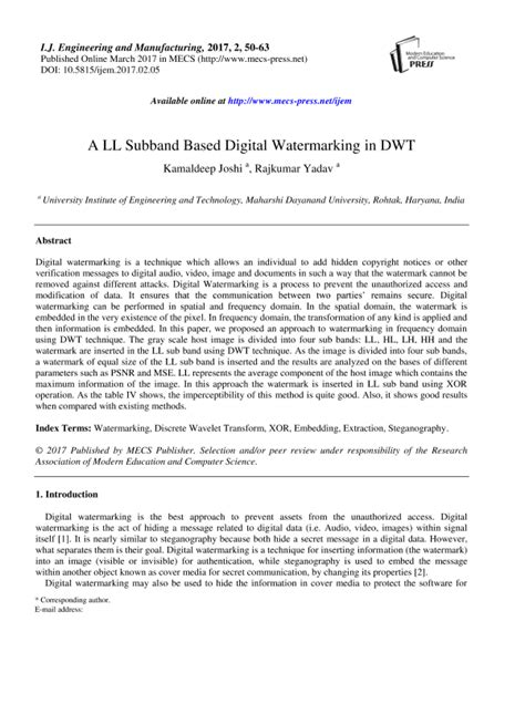 A Ll Subband Based Digital Watermarking In Dwt Ijem