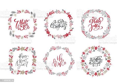 크리스마스 벡터 스칸디나비아 화환과 서예 휴일 빈티지 텍스트의 집합입니다 겨울 화환 과 함께 Xmas 문구입니다 빈티지 스타일 요소와 인사말 카드 템플릿 크리스마스에 대한