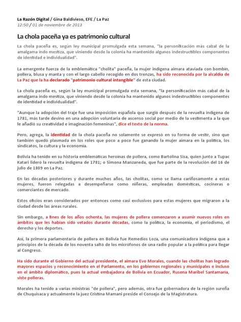 Chola Paceña Art Periodísticos Pdf Bolivia Ropa
