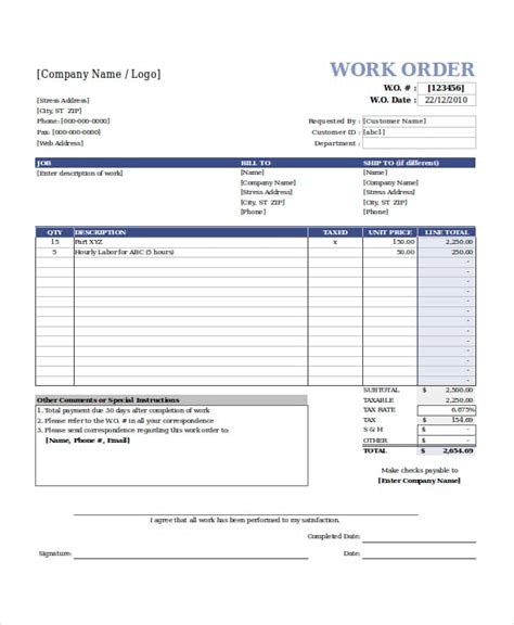 Job Order Form Template Excel