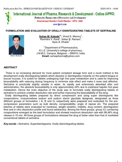 Formulation And Evaluation Of Orally Disintegrating Tablets Of Sertraline Pdf Tablet