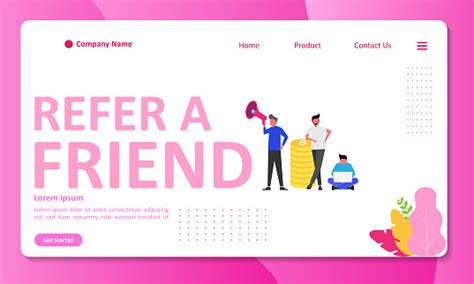 친구 개념 디자인을 참조 사람들이 추천에 대 한 정보를 공유 하 고 돈을 벌 웹 방문 페이지 Ui 모바일 앱 배너 템플릿에 적합 합니다 벡터 일러스트 소녀에 대한 스톡 벡터